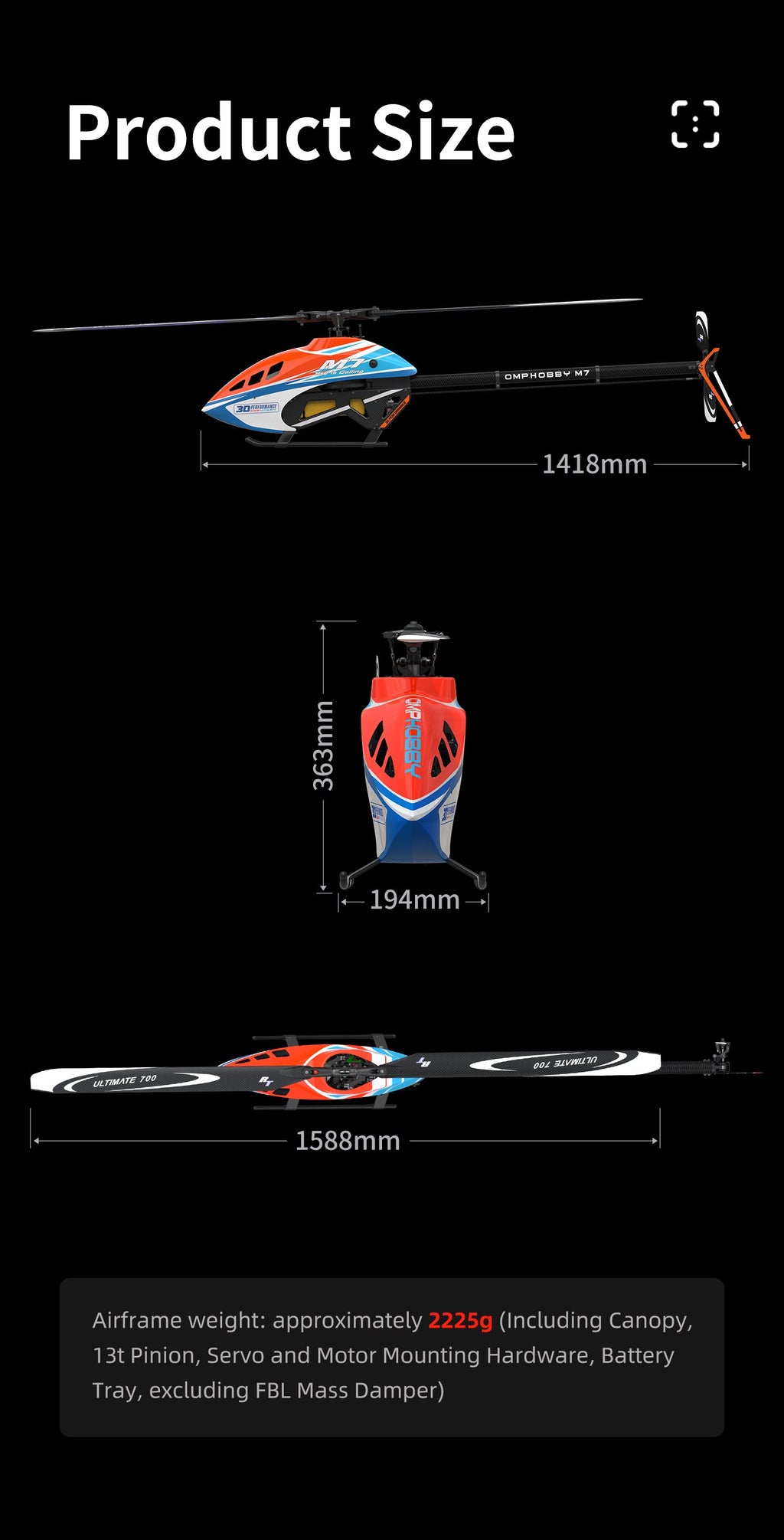 OMPHOBBY M7 RC Helicopter Frame Kit (with RotorTech 700mm blades and 1